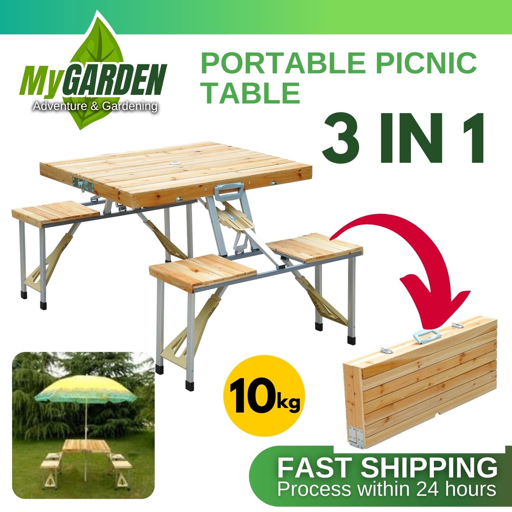 [ READY STOCK ] Wooden Picnic Table Foldable Meja Lipat Kayu With 4 ...