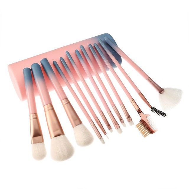 Make Up Brush Ombre 12 Pcs Pink Blue Gradient Makeup Brush W Cylinder ...