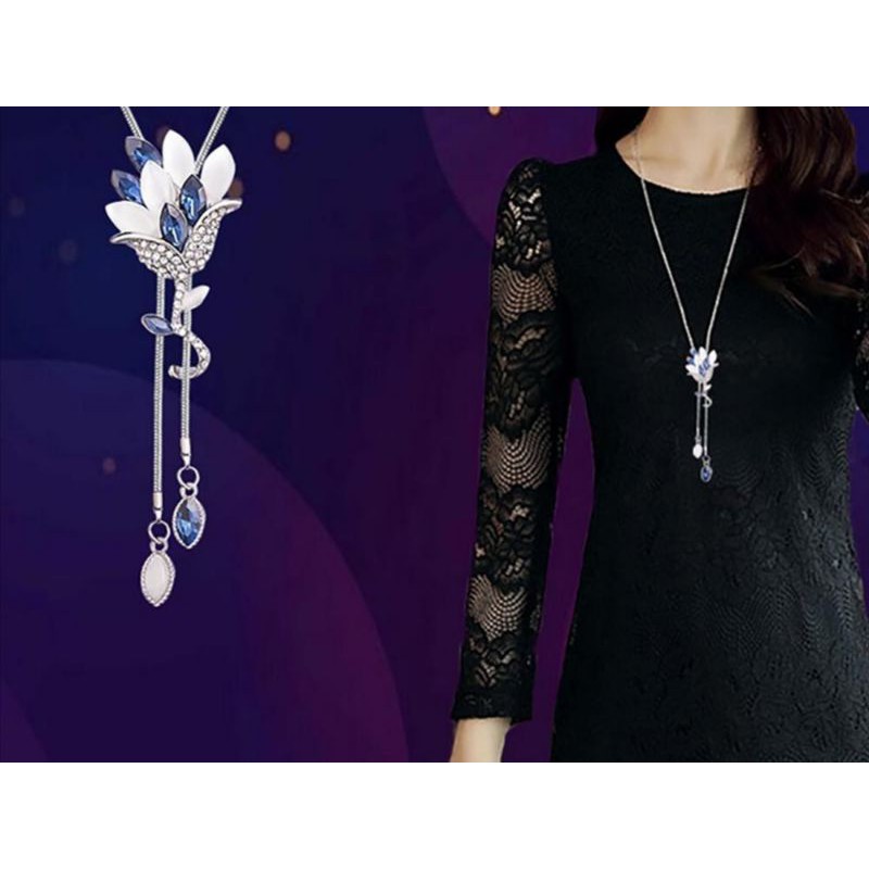 LZ Rantai Bunga 76 cm Rantai Putih Biru Long Necklace Crystal Ins ...