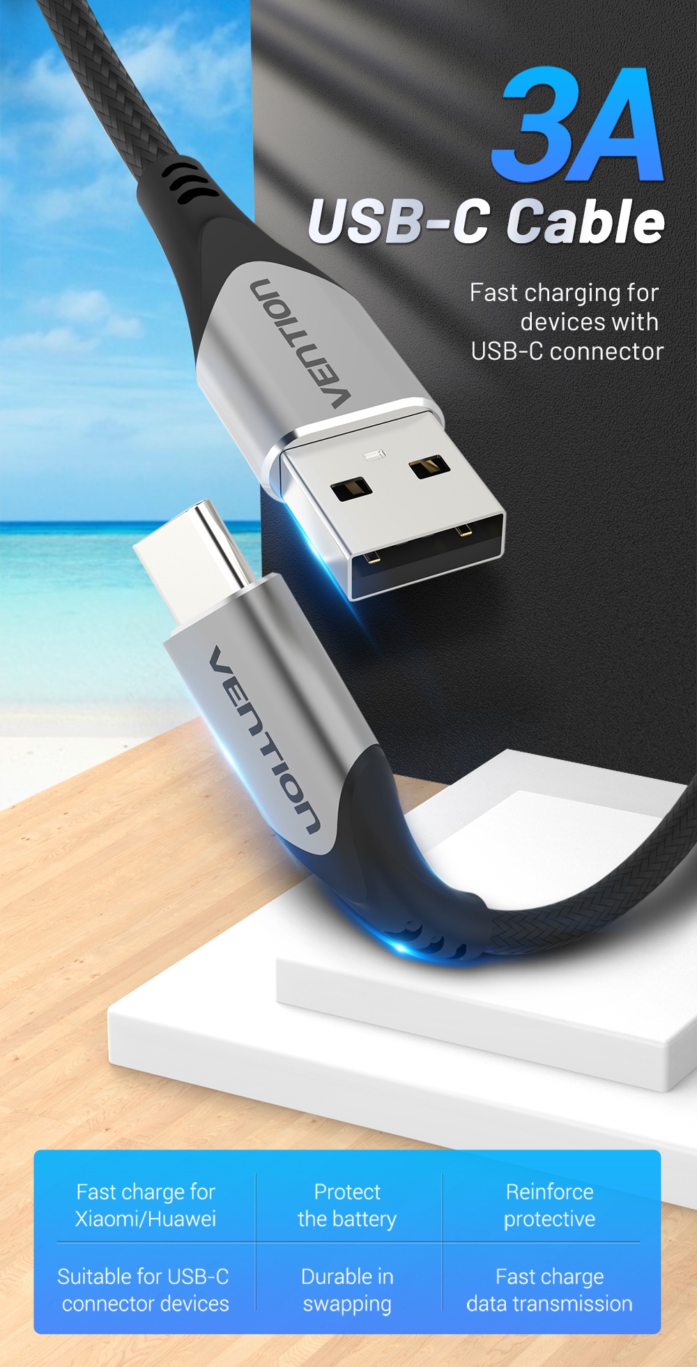 Vention USB Type C Cable 3A Fast Charge Nylon USB A to USB C Cable ...
