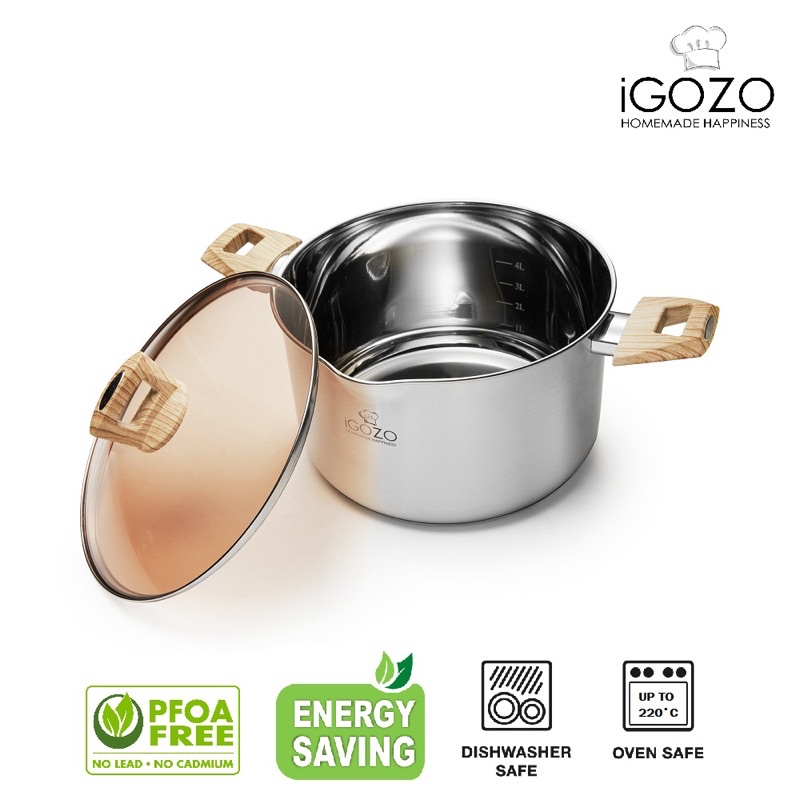iGOZO 24cm 304 Stainless Steel Amber Casserole with Tempered Glass Lid ...