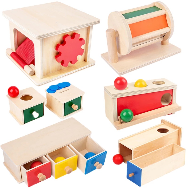 Montessori Wood Toys Winder Object Permanence Box Coin Box Drawer Game ...