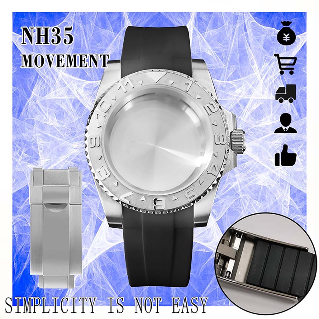 SUB Case 316L Stainless Steel 40MM Sapphire Glass Silicone Rubber Strap Folding Buckle for NH35 ...