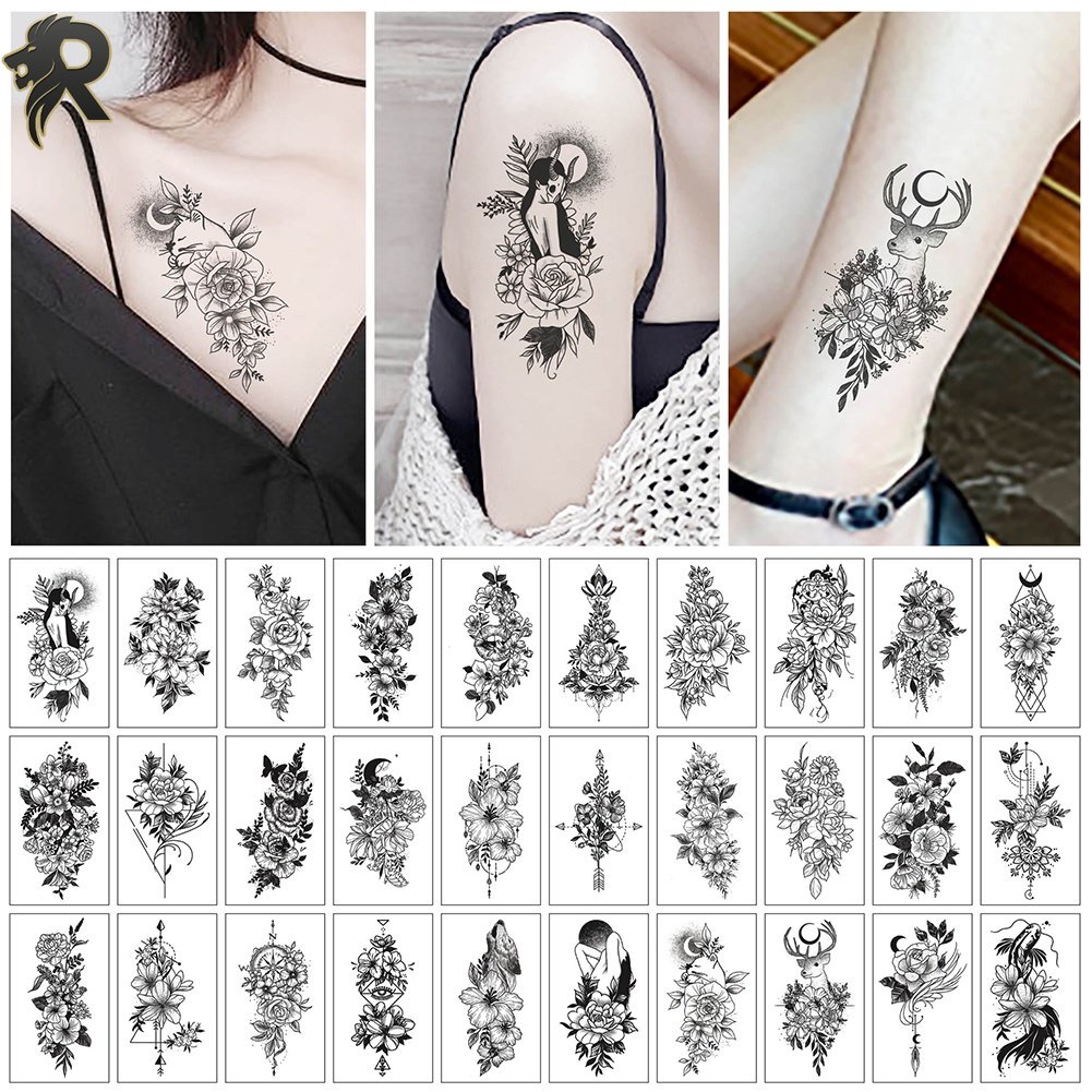 RL 30pcs/Set Women Temporary Tattoo Sticker Black Rose Fake Tatoo Body ...