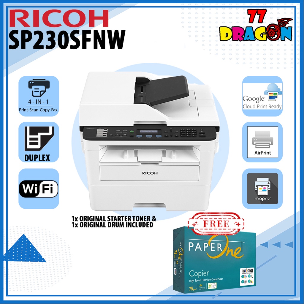 Ricoh SP230SFNW SP230 All In One Mono Laser Printer FOC 1 A4 Paper One 75GSM (Similar as MFC ...