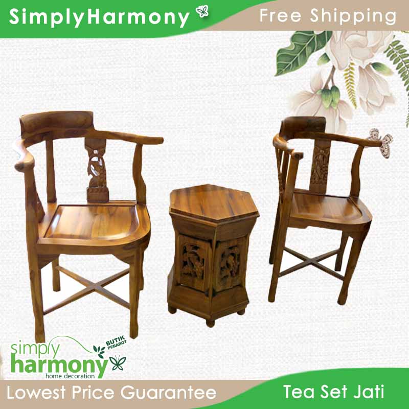 SHSB Meja Tea Set / Kerusi Kayu Jati / Kerusi Set Anggur 2 seater + 1 ...