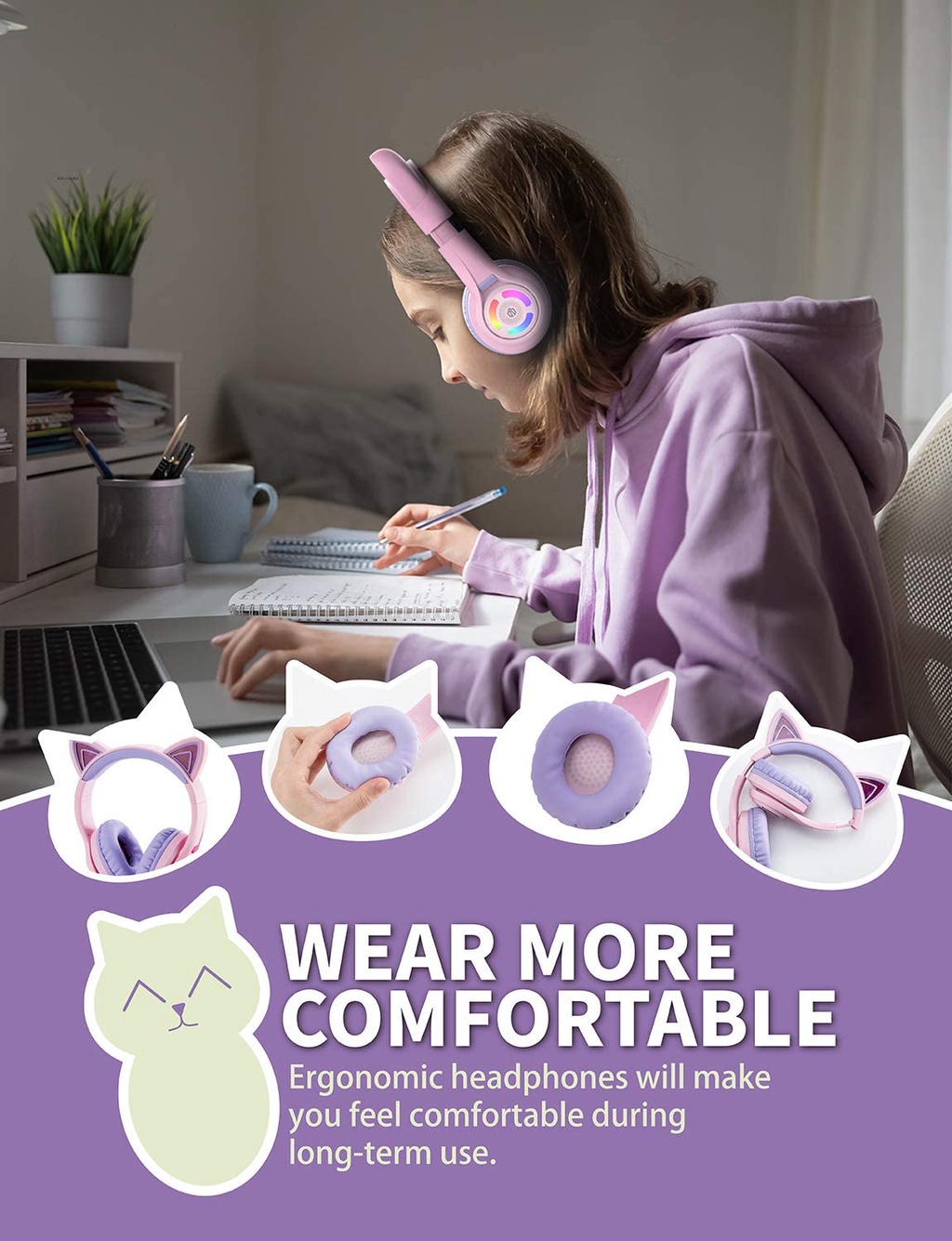 iClever Cat Ear Bluetooth RGB LED Kids Headphones BTH13 | Shopee Malaysia