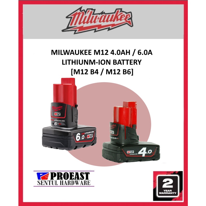 MILWAUKEE M12 B4/B6 4.0AH / 6.0AH Lithium-Ion Battery / Power Tool ...