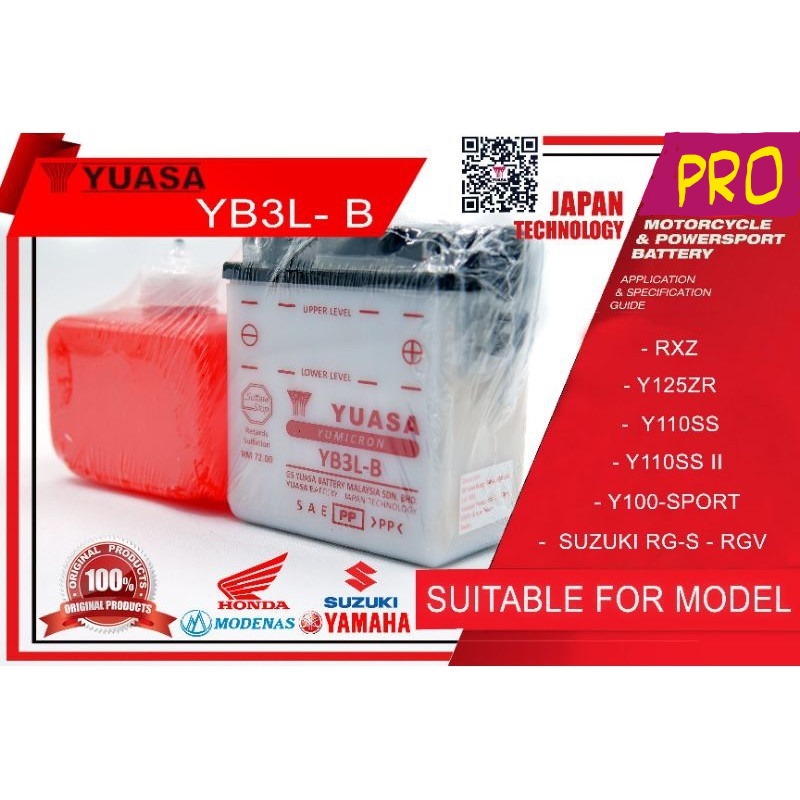 YB3L-B YUASA BATTERY FOR Y100/Y110-SS/Y110-SS2/TZM/Y125Z/RXZ MILI/RXZ ...