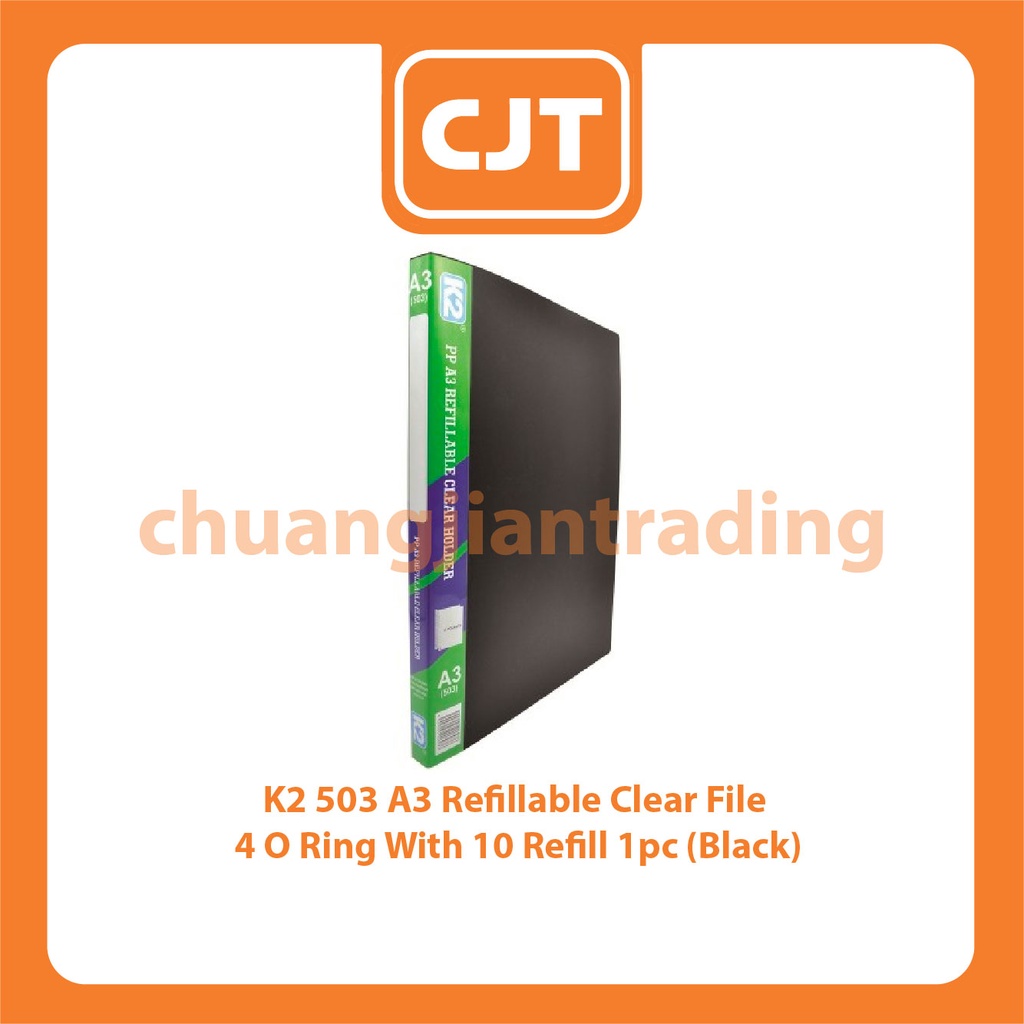 K2 503 A3 Refillable Clear File 4 O Ring With 10 Refill 1pc (Black)/ A4 Refillable clear holder ...