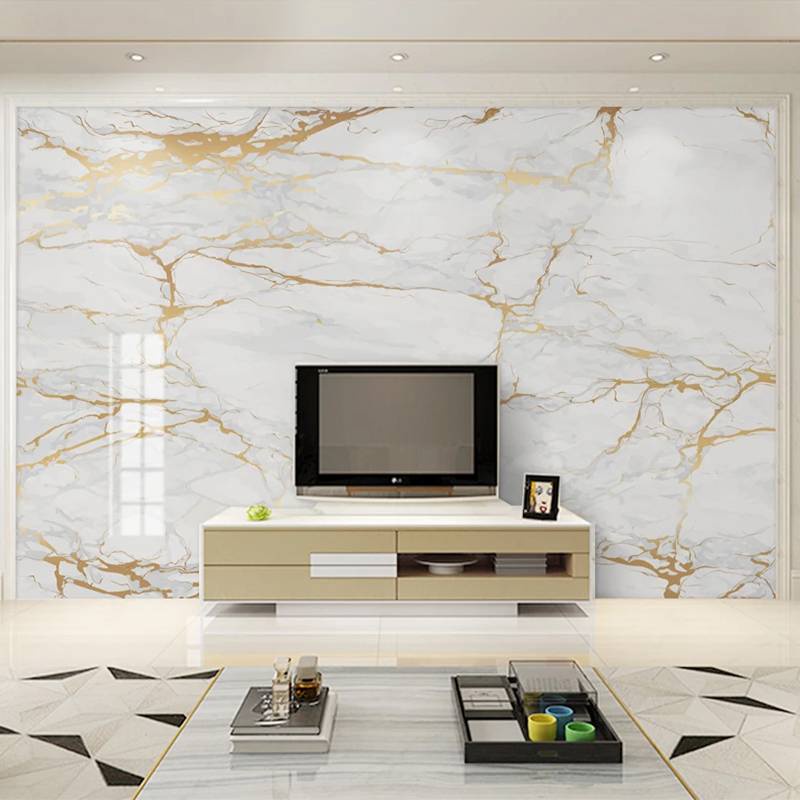 Custom Any Size Modern White Marble Golden Line Wall Painting Wallpaper ...