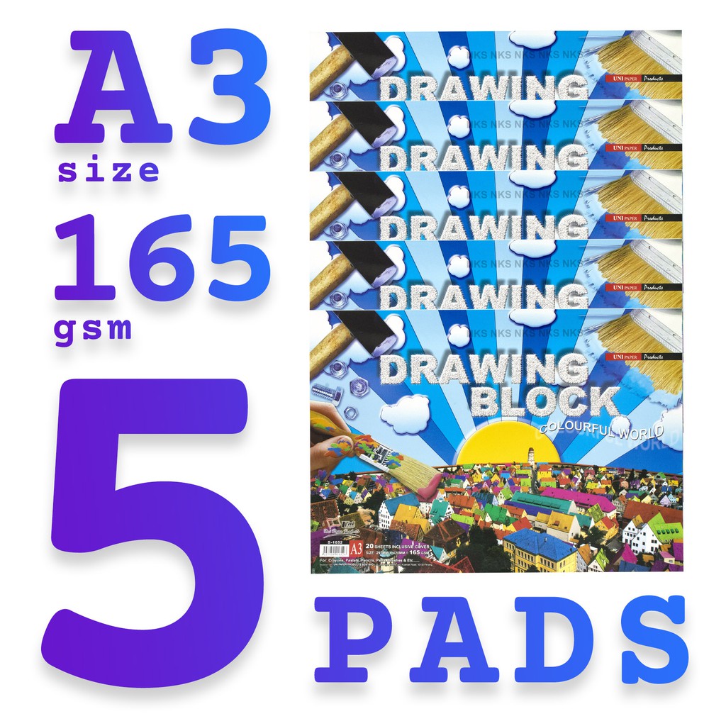 UNI A3 DRAWING BLOCK - 165G 20'S -S-1652 (5 PADS) | Shopee Malaysia