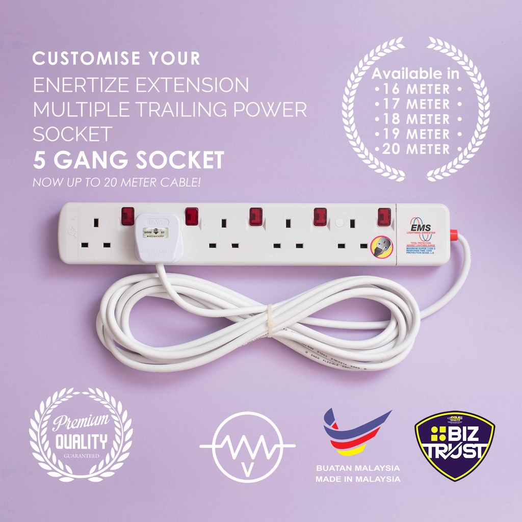 Enertize EMS CUSTOMISE Extension Cord Power Socket Plug : 5 Gang / Way ...