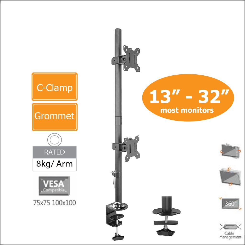 Upright Premium 24" 27" 32" Vertical Dual Monitor Mount Stand Up Down ...