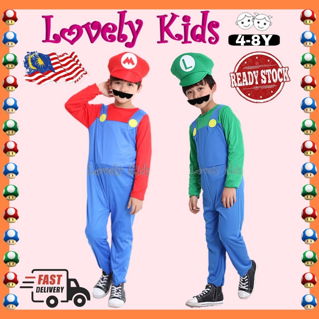 [READY STOCK MY] 4-12Y Kids Costume Superstar Mario Luigi Red Green ...