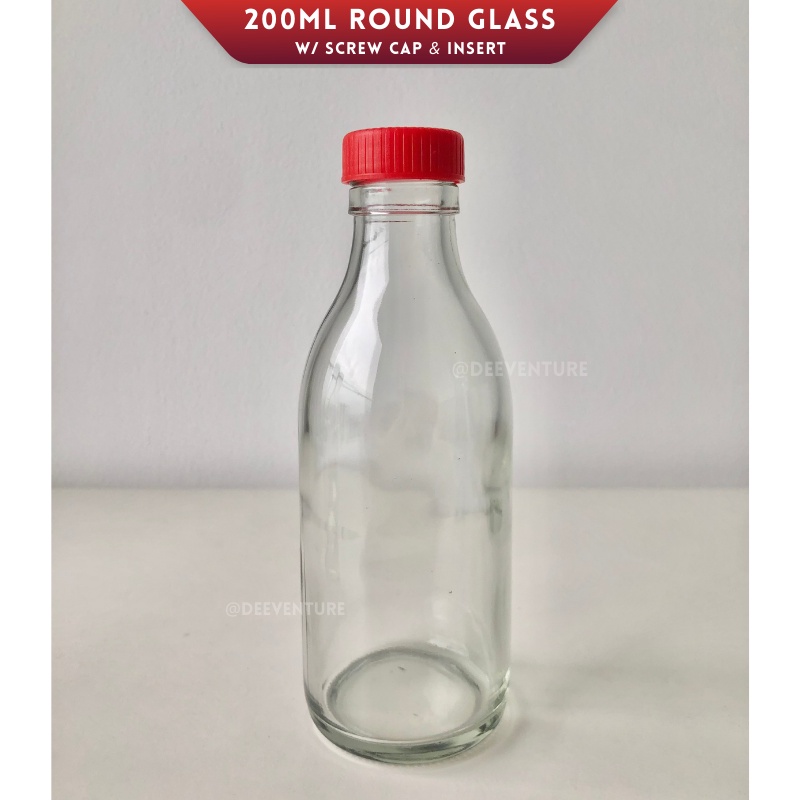 200ml Round Glass Bottle with Cap and Insert for drinks and beverages ...