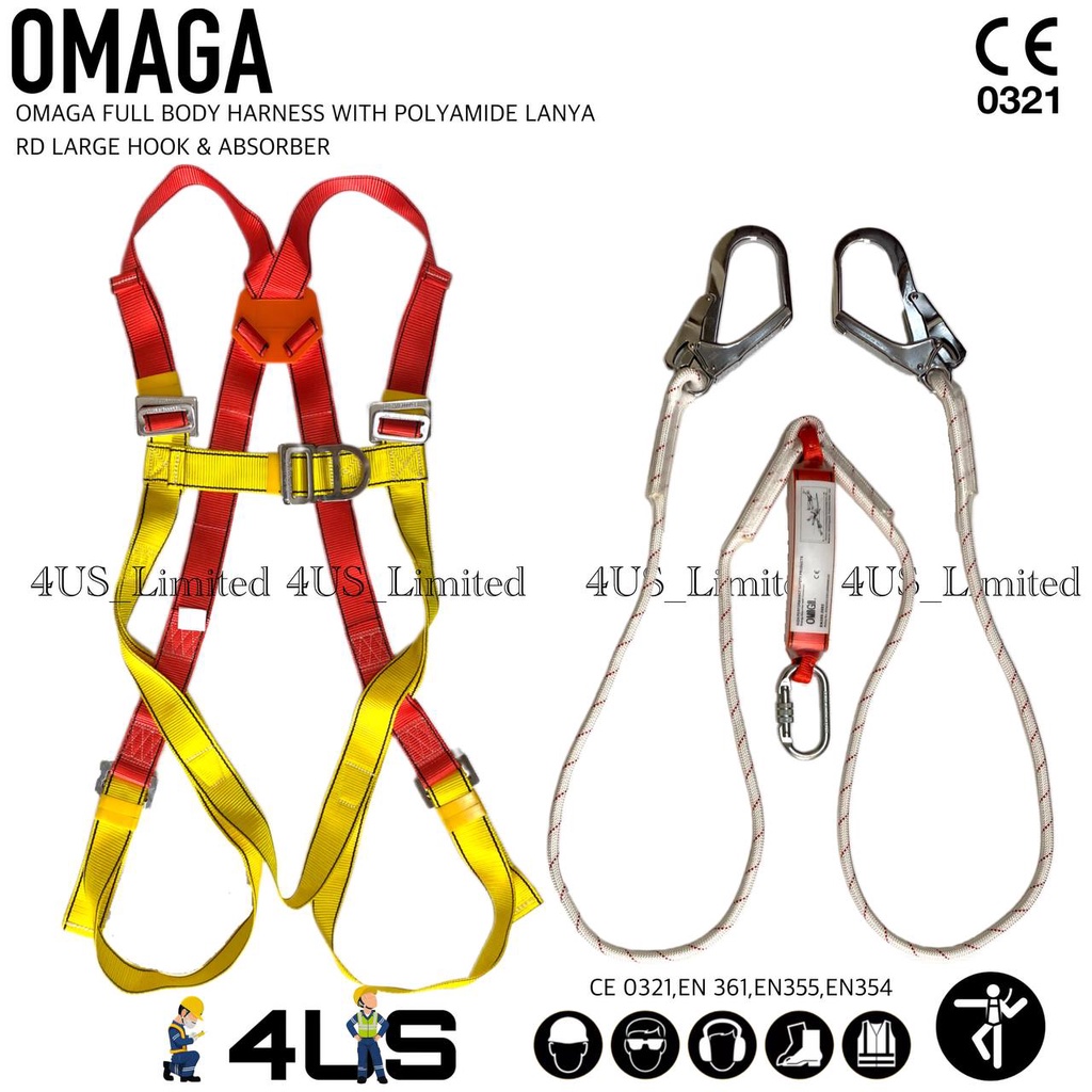 OMAGA Safety Full Body Harness Fall Protection With Polyamide Lanyard Large Hook & Absorber ...