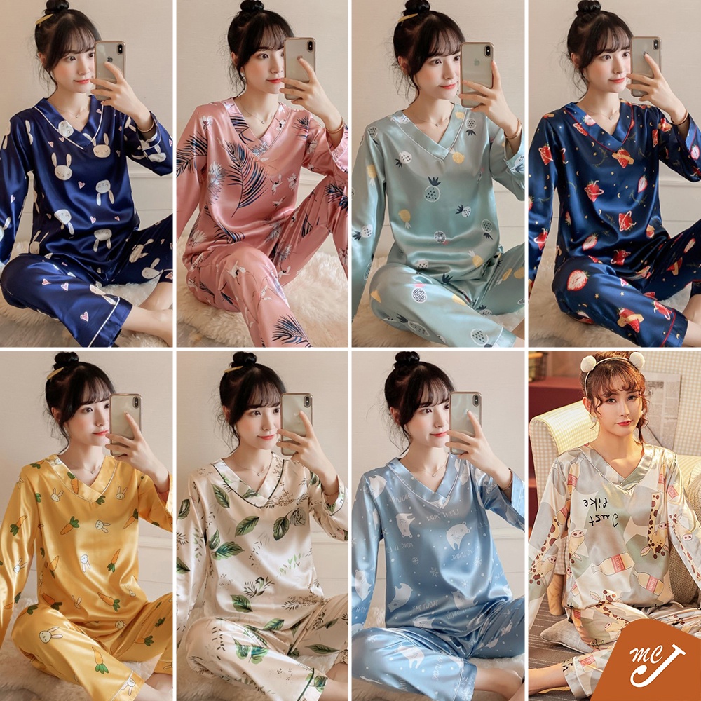 McJoden - BERRY Women Long Sleeve Pyjamas Set Baju Tidur Perempuan Silk ...