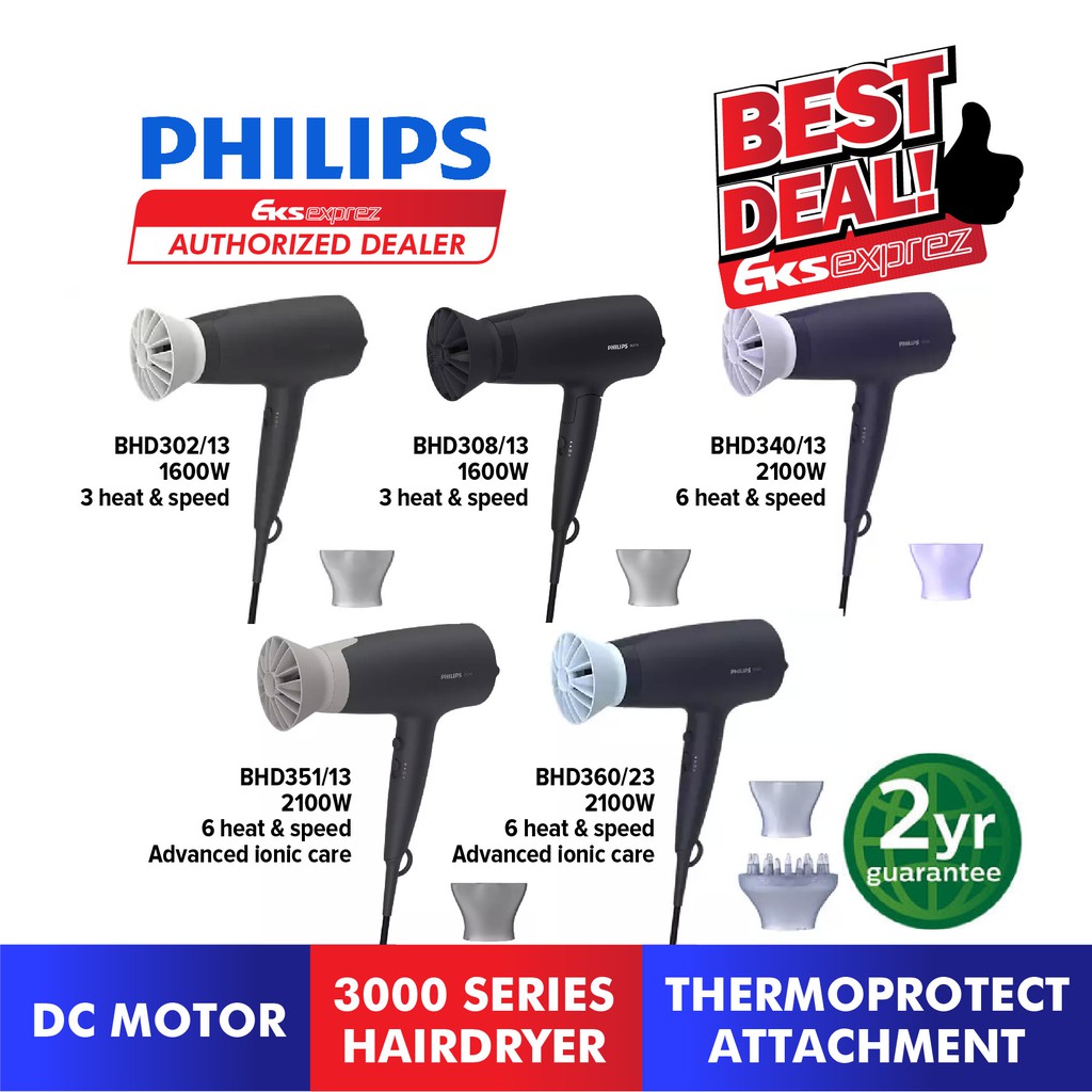 Philips Hair Dryer 3000 Series BHD302 / BHD308 / BHD340 / BHD351 / BHD360 | Shopee Malaysia