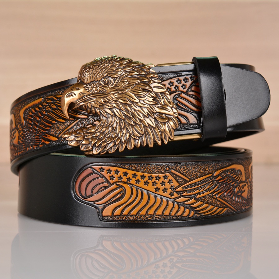 New Cowhide Men's Belt Eagle Pattern Embossed Retro Eagle Head ...