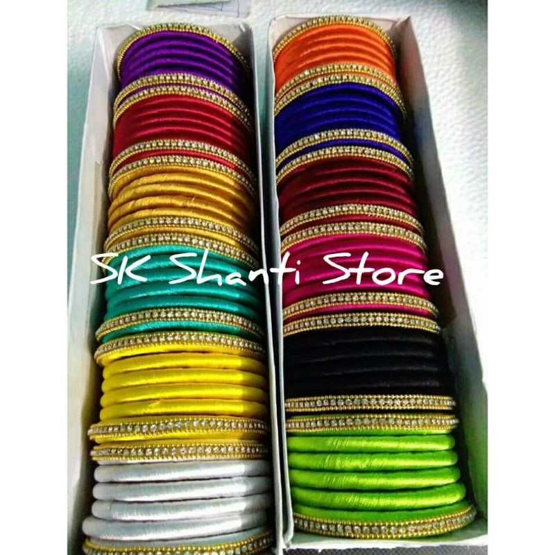 (1set = 6pcs only) Silk thread plain bangles with stones side bangles ...