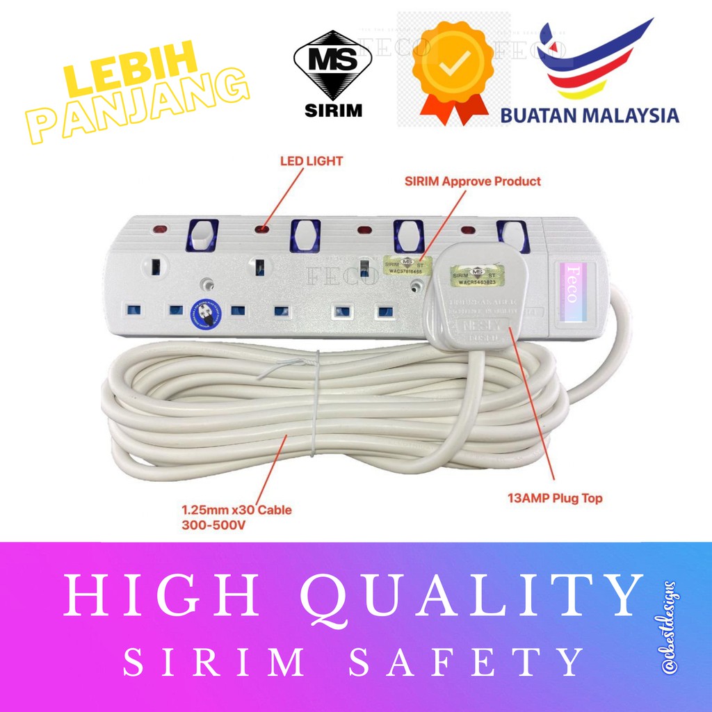 extension 3 plug 2 / 3 / 4 / 5 Gang SIRIM 5M Heavy Light Duty Extension ...
