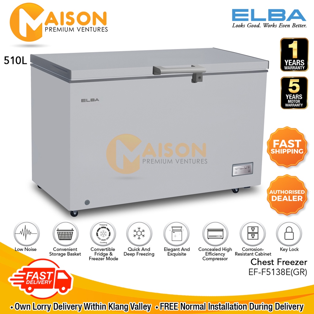 [Sales] ELBA Chest Freezer 510L EF-F5138E(GR) (FAST DELIVERY)(Delivery ...