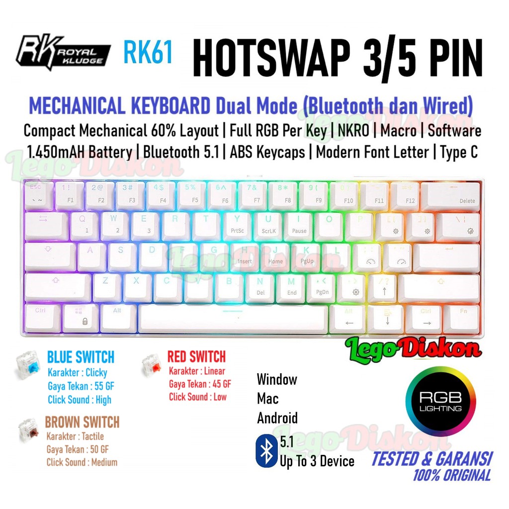 Royal KLUDGE RK61 Wireless Bluetooth Mechanical Keyboard NEW VERSION ...