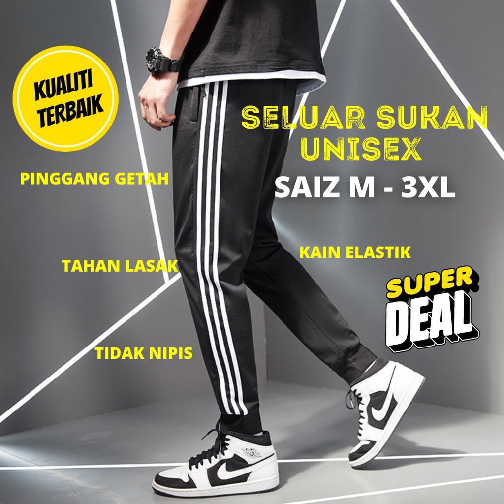 Seluar Bola 3 Line Trek Suit Lelaki Perempuan Unisex Seluar Jogger Lelaki 3 Line Seluar Sukan ...