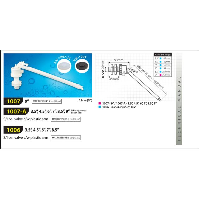 Techplas 1007 15mm Cistern Float Valve (9") + 15mm Poly Float Ball ...