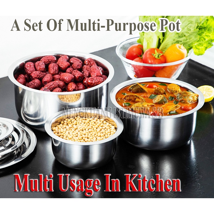 3 + 3 PC THICK QUALITY STAINLESS STEEL INDIAN PAN SET WITH COVER 14822 ...