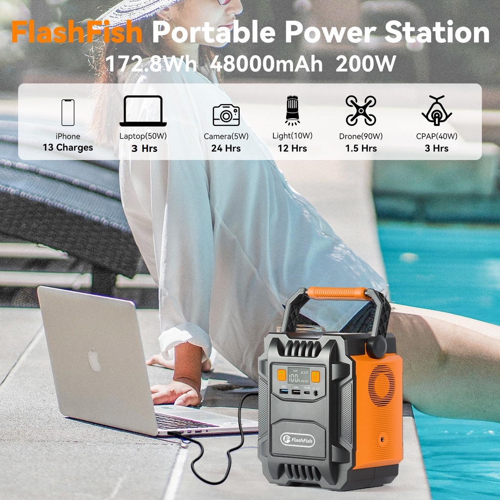 Flashfish A201 Solar Generator Portable Power Station Camping Laptop Powerbank Solar Power (200W ...