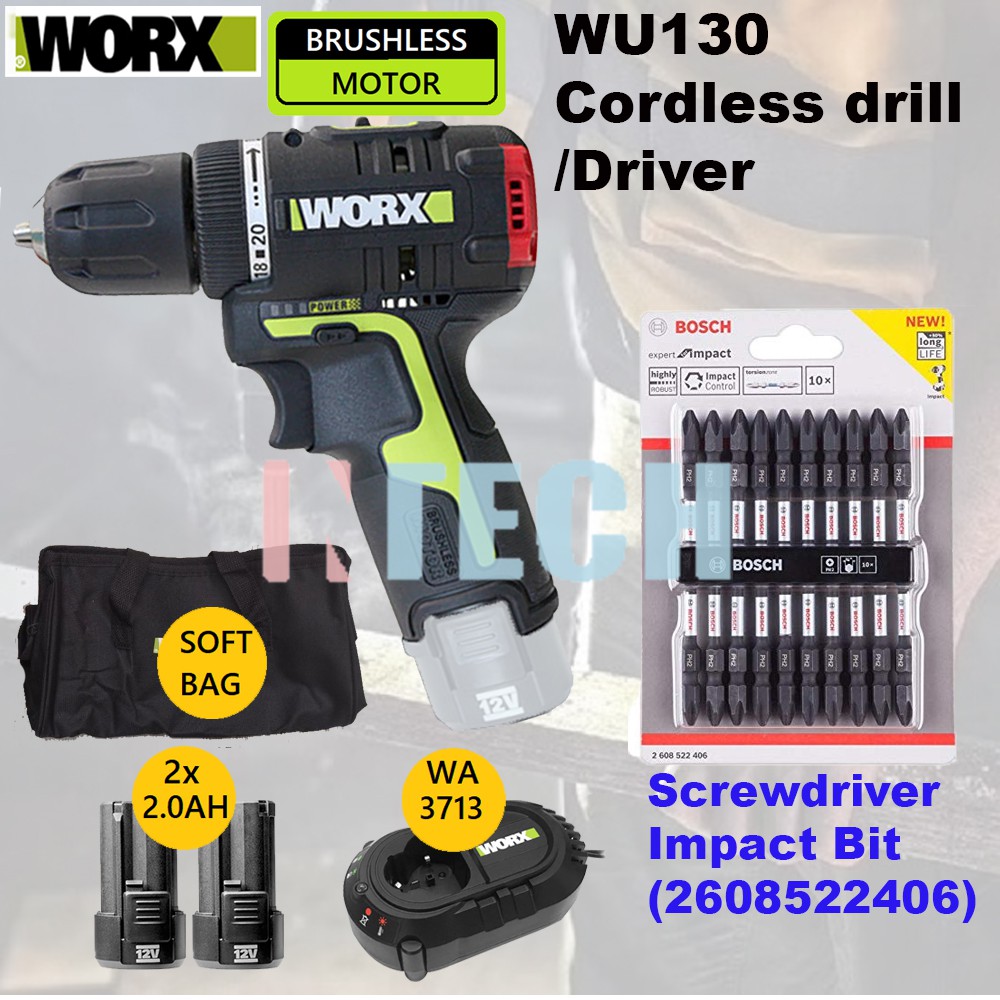 WORX PROFESSIONAL WU130 CORDLESS DRILL/DRIVER C/W BOSCH SCREWDRIVER BIT ...