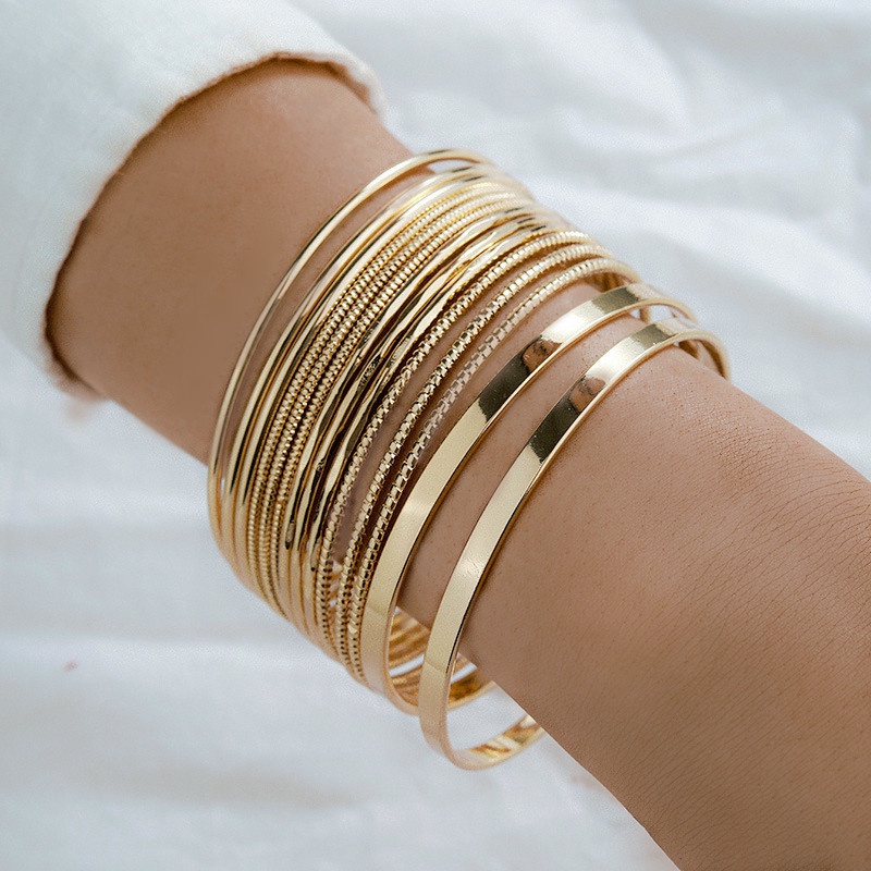 14Pcs/Set Punk Gold Color Big Circle Bracelets Alloy Metal Bohemian ...