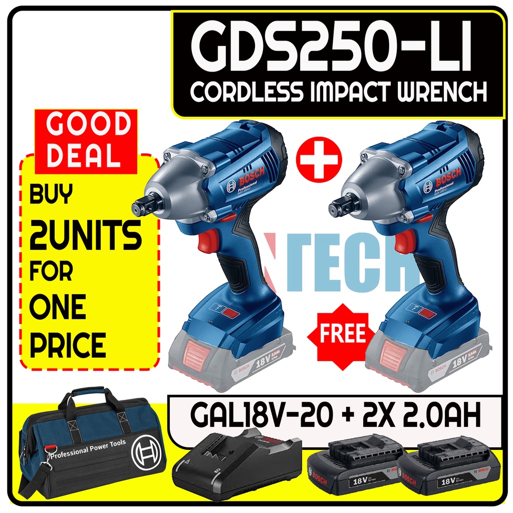 BOSCH GDS250-LI CORDLESS IMPACT WRENCH C/W TOOL BAG + 2x 2.0AH BATTERY ...