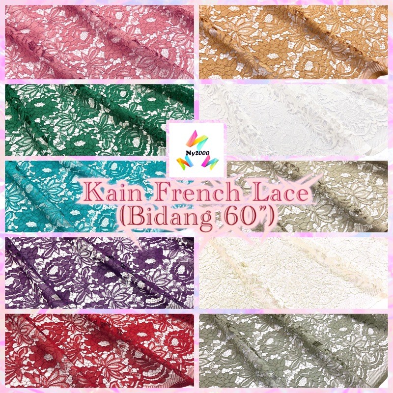Kain Lace Bunga Plain (Bidang 60”) / Floral Design French Lace Fabric ...