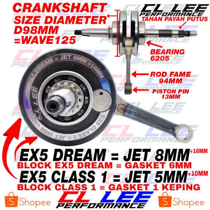 CRANKSHAFT EX5 DREAM JET 8MM 📌 EX5 CLASS 1 JET 5MM CL LEE W125 to CLASS ...