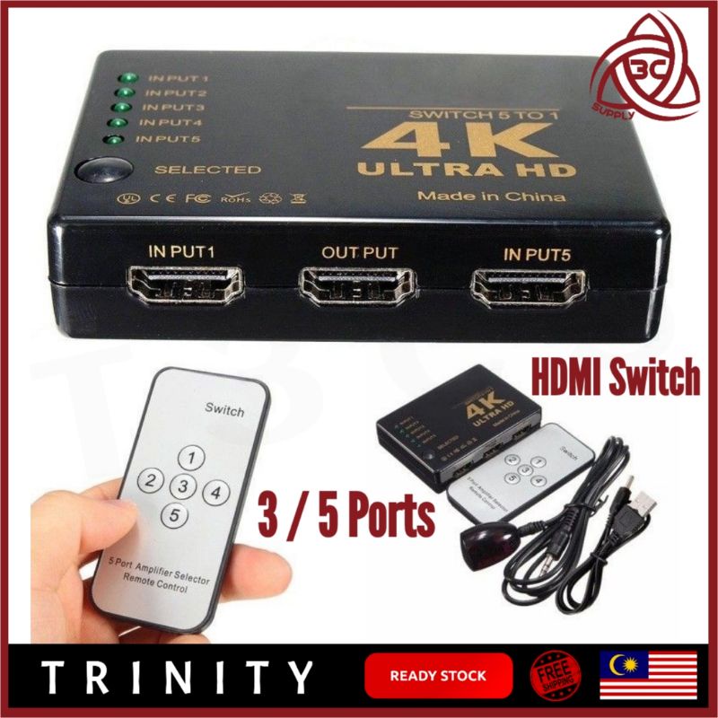 HD Video Switch 3 / 5 Port Ultra HD 4Kx2K 1080P 4K Switcher Selector ...