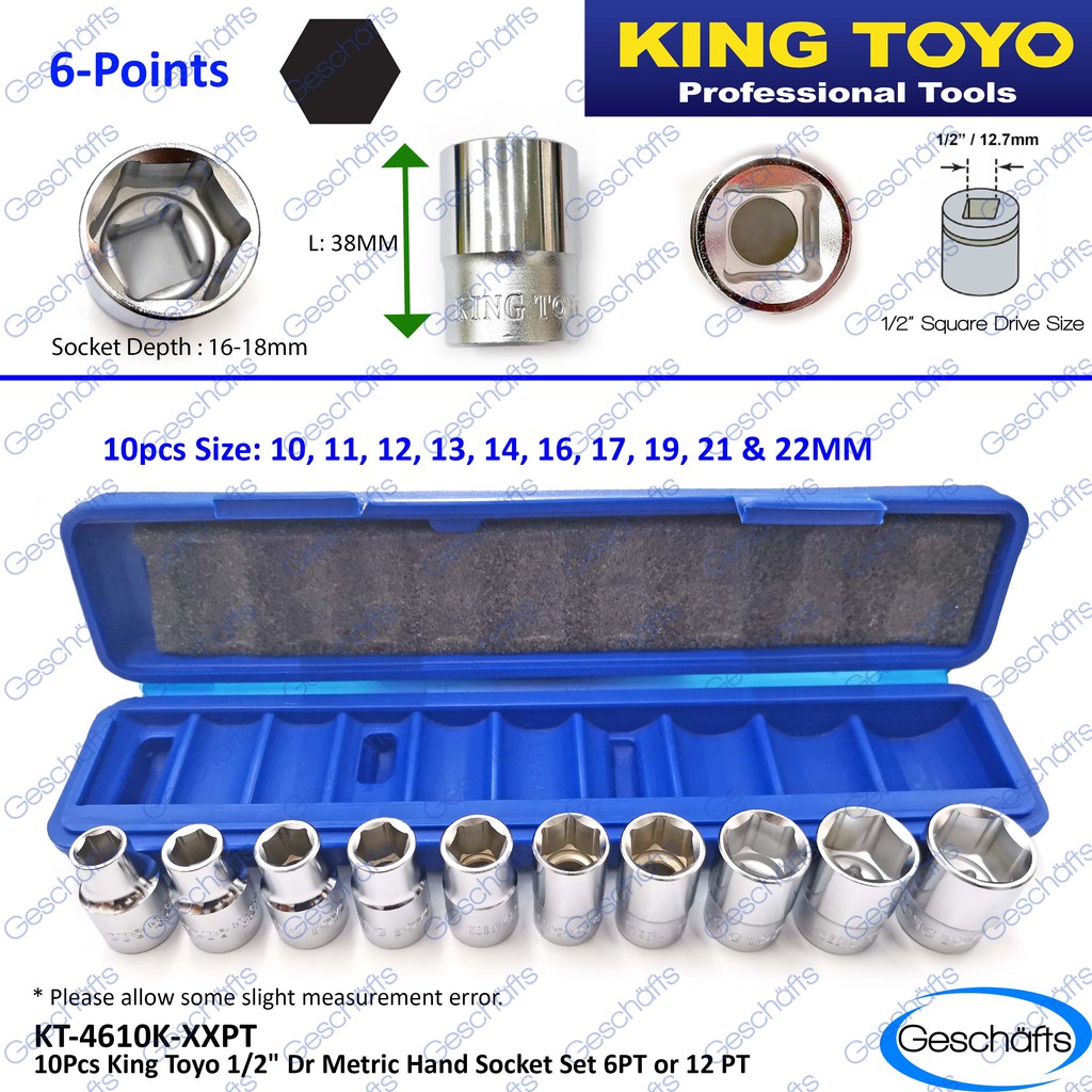 King Toyo 10pcs 1/2" Dr Metric Hand Socket Set 6PT or 12PT | Shopee ...