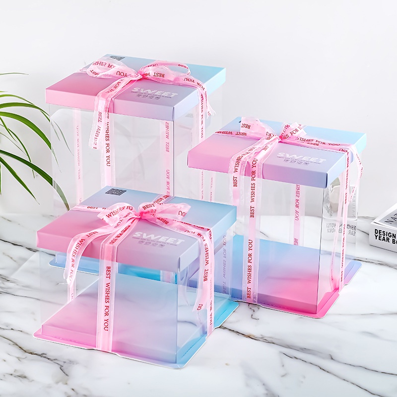 Gradient Color Transparent Cake Box Gift Box (No Ribbon) for Birthday ...
