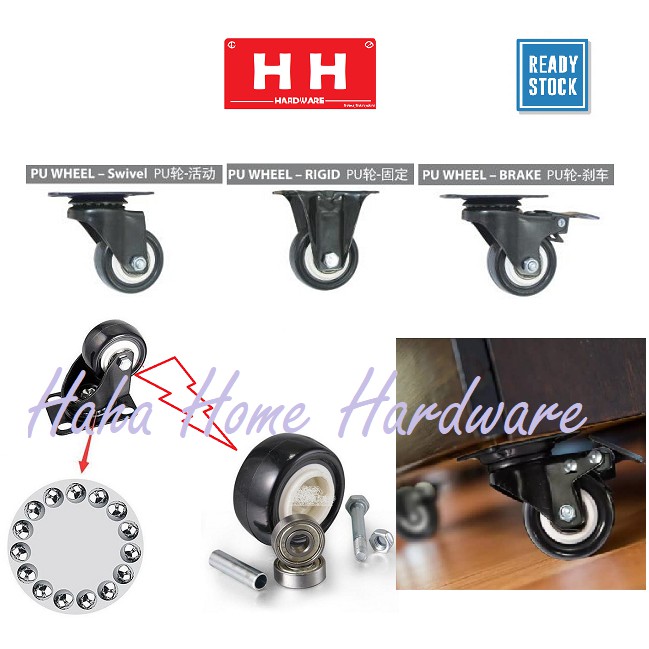 2" (50mm) Black PU Heavy Duty Swivel Fix Brake Castor Caster Roller ...
