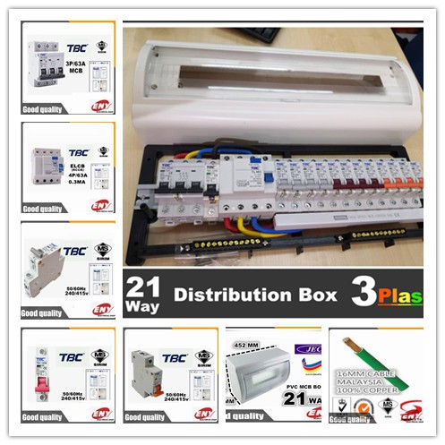 21 WAY (3 PHASE) Distribution Box DB Full Set 4P/63a RCCB 0.3ma C/W ...