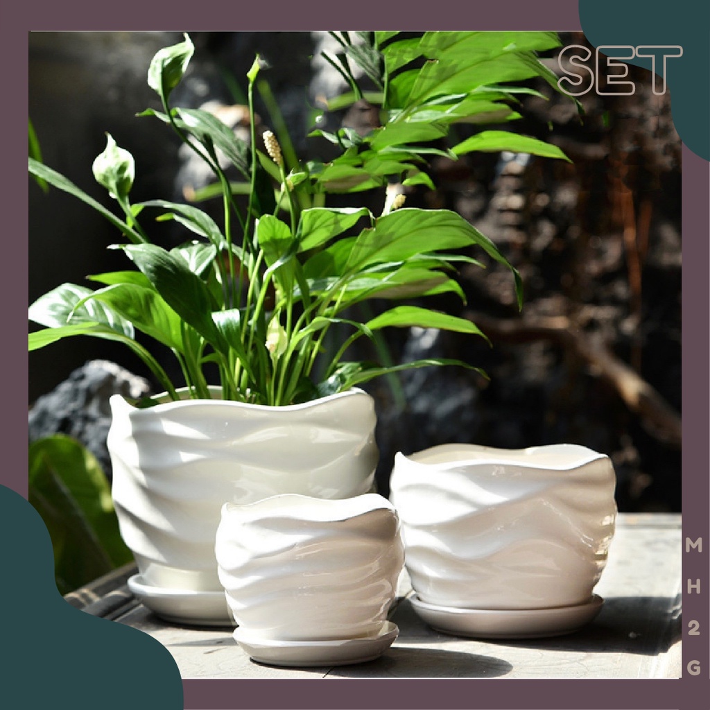 [SET] Set of 3 Ceramic Flower Pot White and Black Pottery Wave Design ...