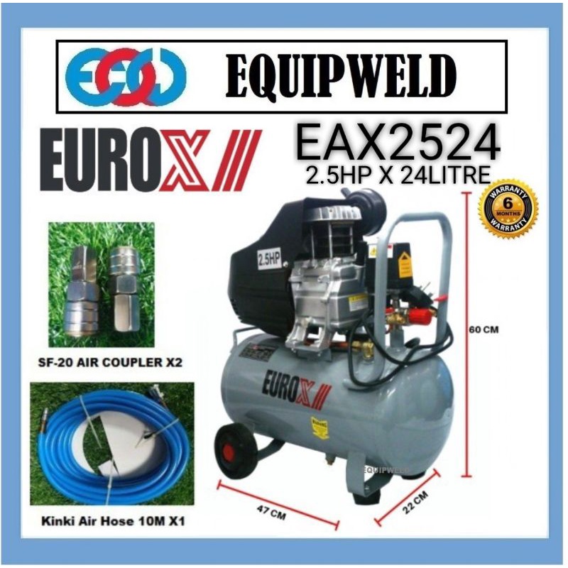 EUROX EAW2524 AIR COMPRESOR 2.5HP X 24LITRE + KINKI HOSE 10M + SF-20 COUPLER X2 (EUROPOWER ...