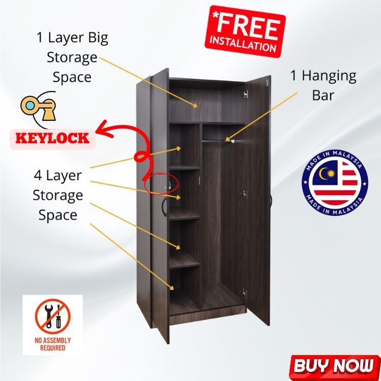 (Free Installation) Almari Baju Murah dengan kunci 2 Pintu Wardrobe ...