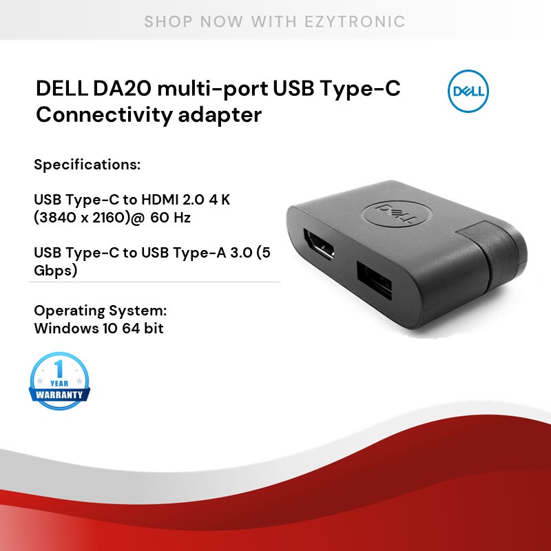DELL DA20 multi-port USB Type-C Connectivity adapter (HDMI and USB Type ...
