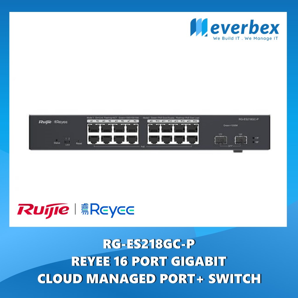 Ruijie Reyee 18-Port Gigabit Smart POE Switch, 16 Gigabit RJ45 Ports incl. 16 POE/POE+ Ports, 2 ...