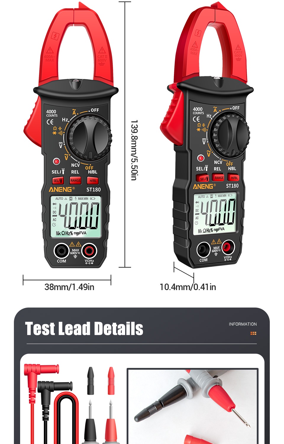 Aneng ST180 4000 counts true RMS digital clamp meter for electrician ...