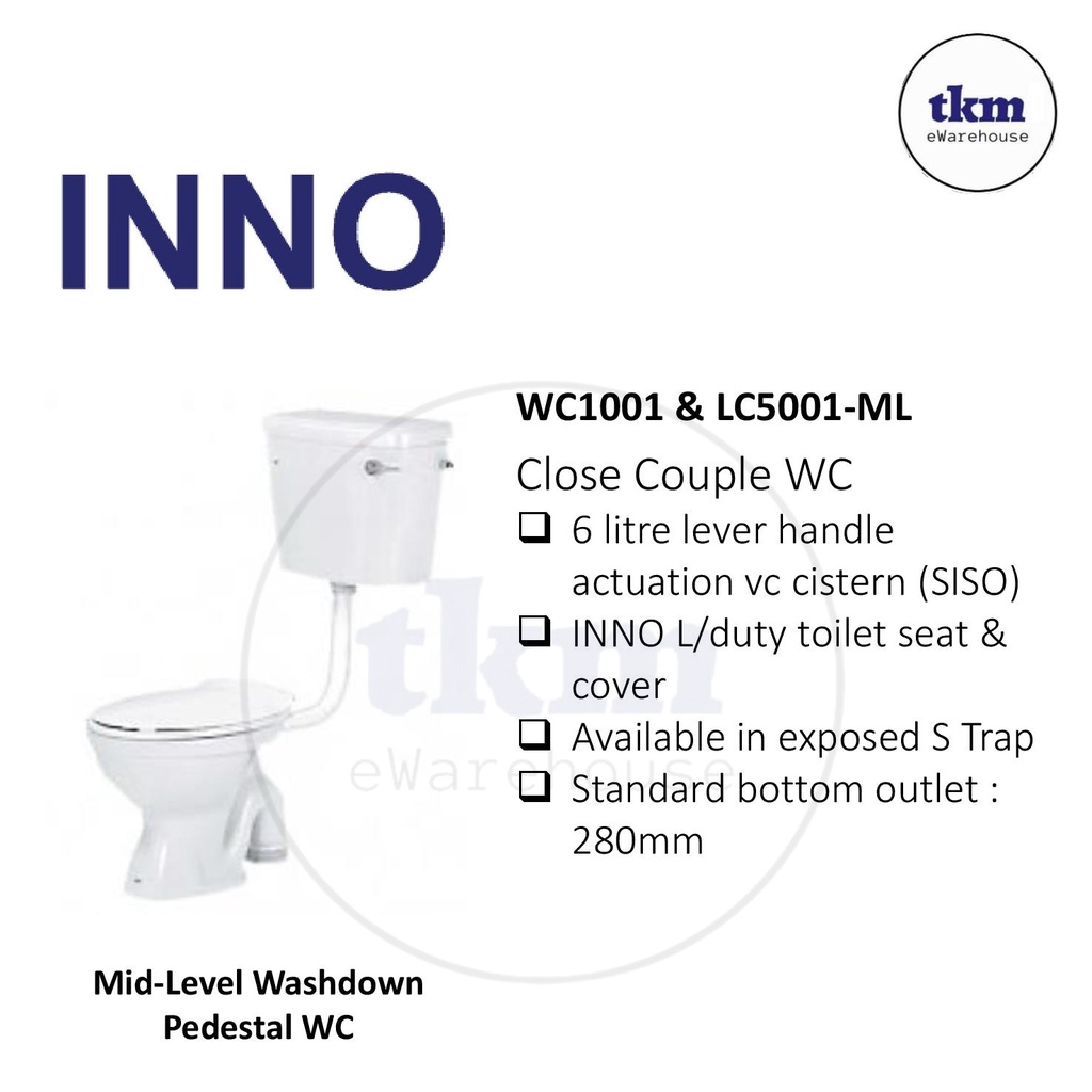 INNO WC1012 MID LEVER WASHDOWN PEDESTAL WATER CLOSET WITH SINGLE DOUBLE ...