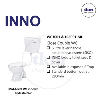 INNO WC1012 MID LEVER WASHDOWN PEDESTAL WATER CLOSET WITH SINGLE DOUBLE ...